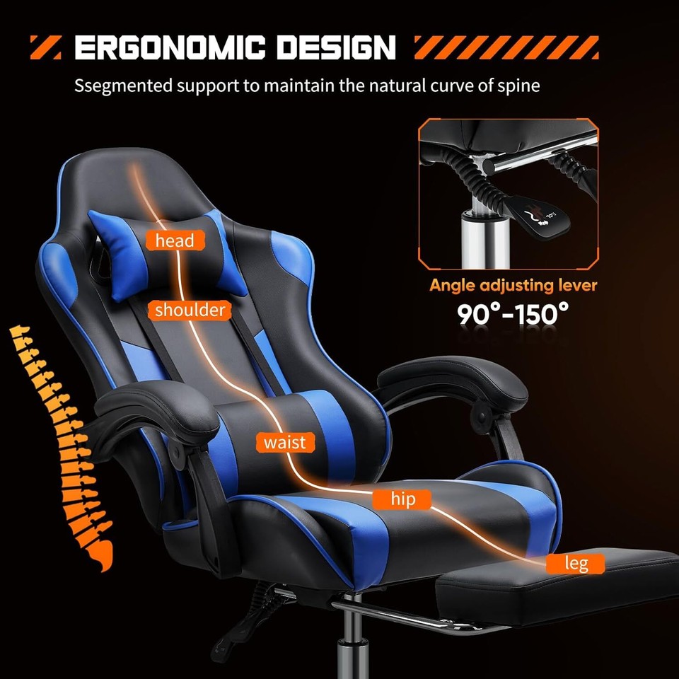 Luxury Gaming Chair PU Leather Ergonomic Reclining Chair w/ Wheels and ...