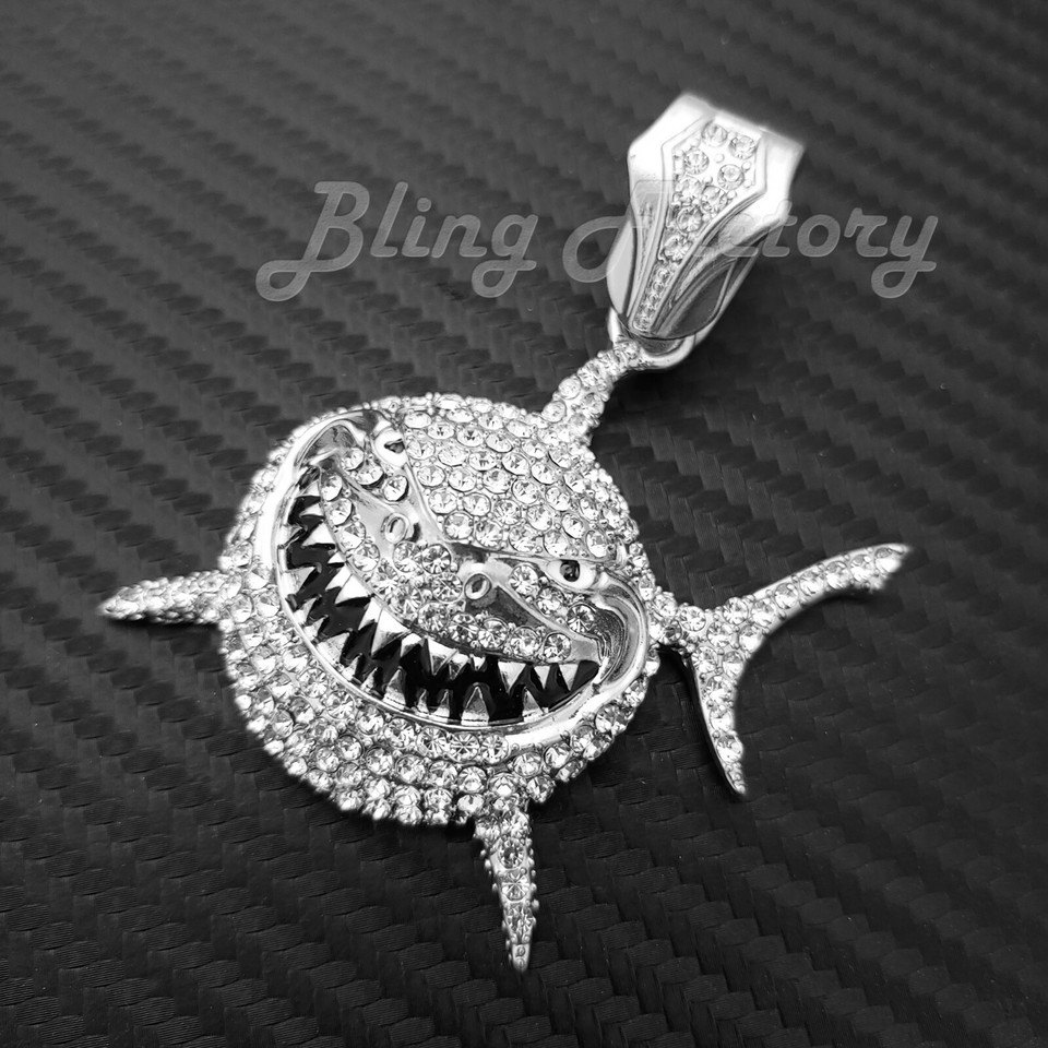 6ix9ine Silver PT Iced Shark Pendant & 18" Iced Cuban & 1 Row Chain ...