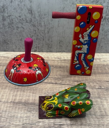Lot of 3 Vintage Metal Toy Noise Maker Dancer Rattle Joker Spinner Frog ...
