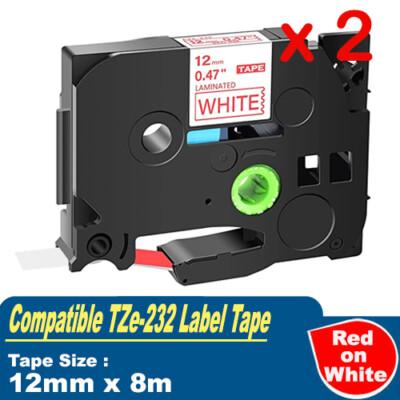 2x Compatible for Brother P-Touch TZe-232 TZ232 Label Tape Red on White ...