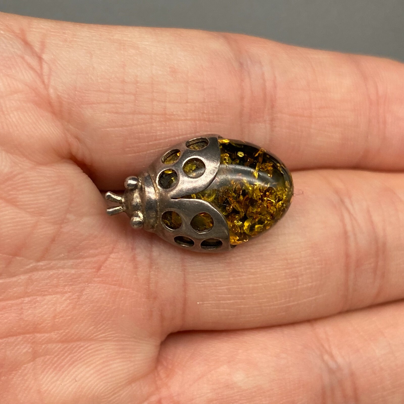 Vintage Ladybug Bug Amber Dimensional Sterling Silver… - Gem