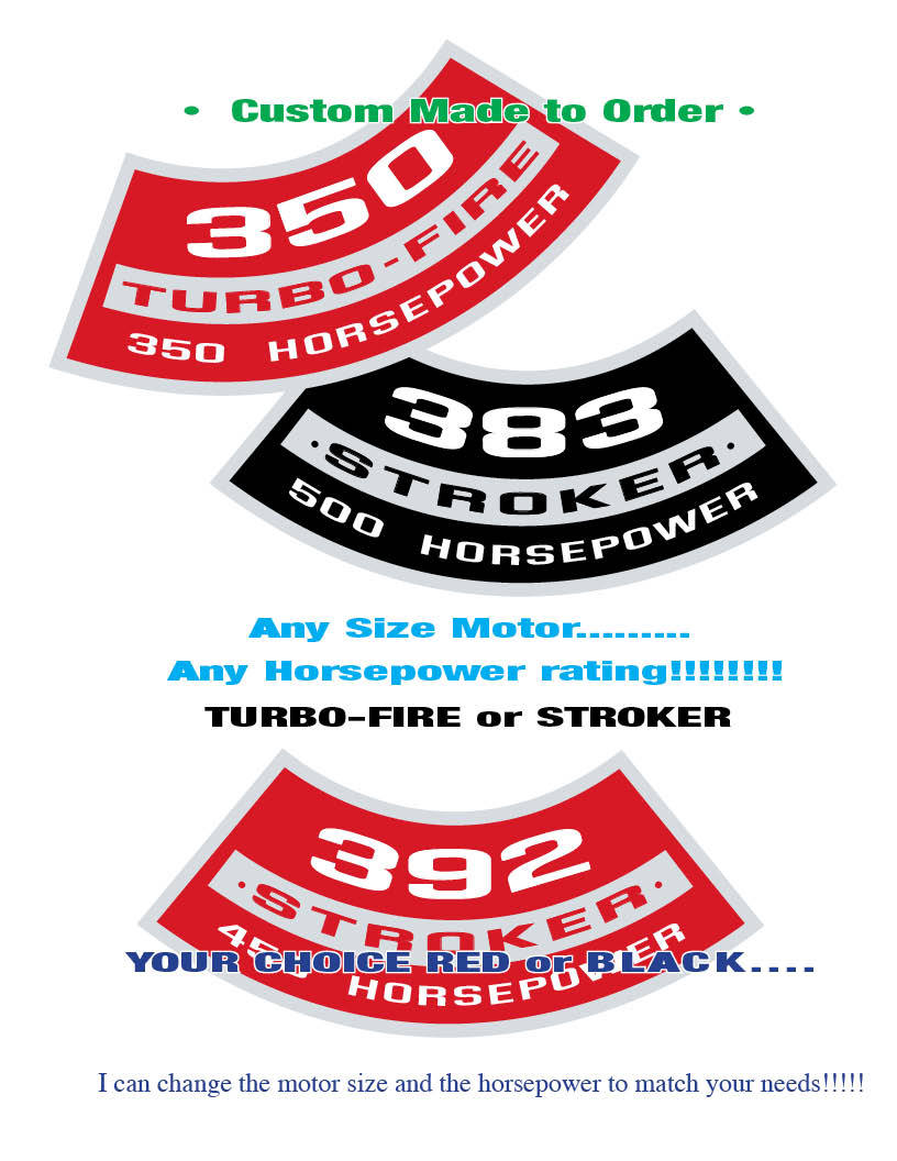 SBC •TURBO-FIRE or STROKER Air Cleaner Decal • Any CID • Any Horsepower ...