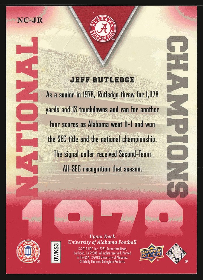 2012 Upper Deck University of Alabama #NCJR Jeff Rutledge National ...