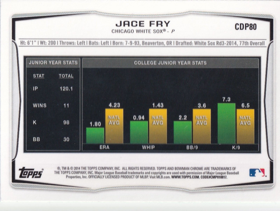 2014 Bowman #CDP-80 Jace Fry MLB Chicago White Sox + (Yes 3 Free ...