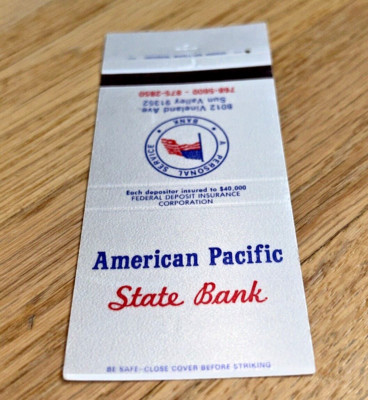 Old Matchbook Cover AMERICAN PACIFIC STATE BANK, 8012 Vineland SUN ...