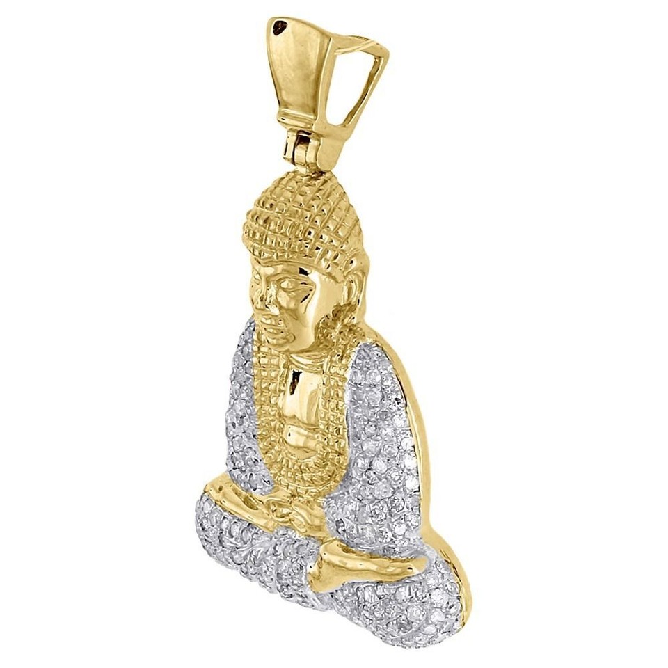 Diamond Buddha Pendant Mens 10K Yellow Gold Round Pave Meditation Charm ...