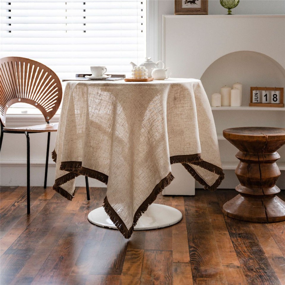 Beige Linen Tablecloth Tassel Fringe Table Cloth Cover Dining Kitchen ...