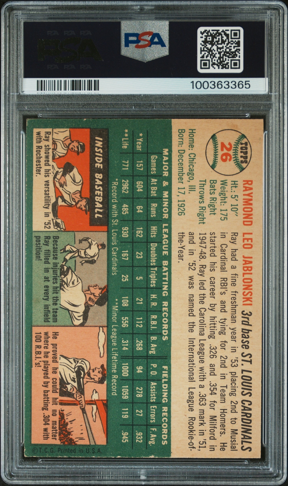 1954 Topps #26 Ray Jablonski PSA 4 | eBay