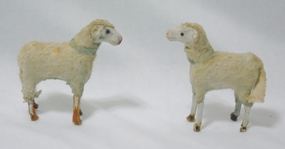 2 Wood Stick Leg German Vintage PUTZ Wooly Sheep/Lamb Nativity 2.5"h 2. ...