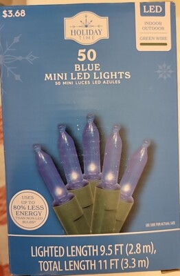 Blue Mini LED Lights 50 Bulbs on Green Wire Holiday Time Indoor Outdoor ...