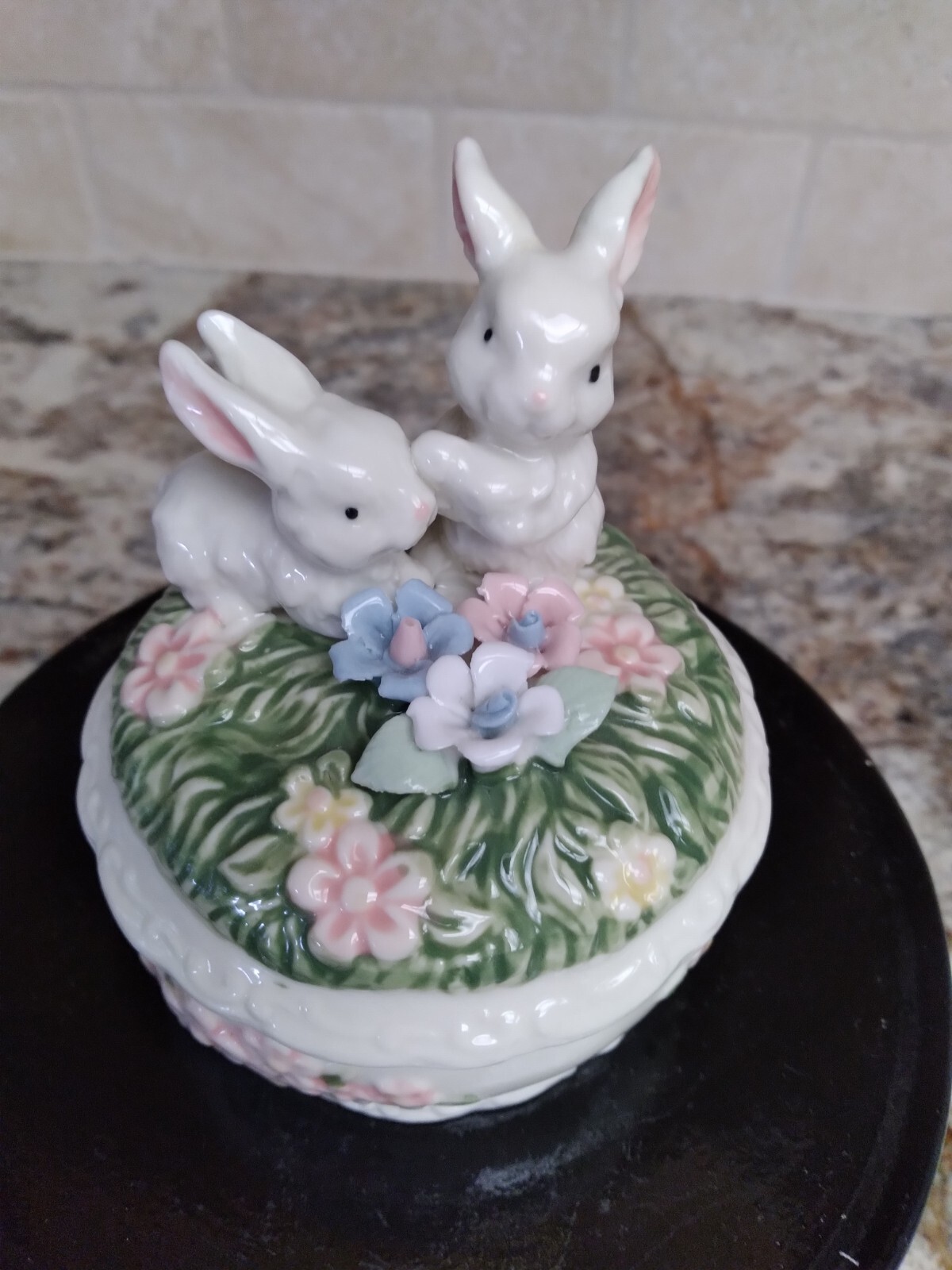 Easter Trinket Box - Raised Flowers and 2 Bunnies on Lid | eBay
