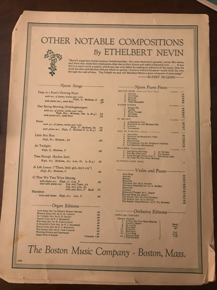 Narcissus by Ethelbert Nevin Sheet Music Vintage 1919 Boston Music ...
