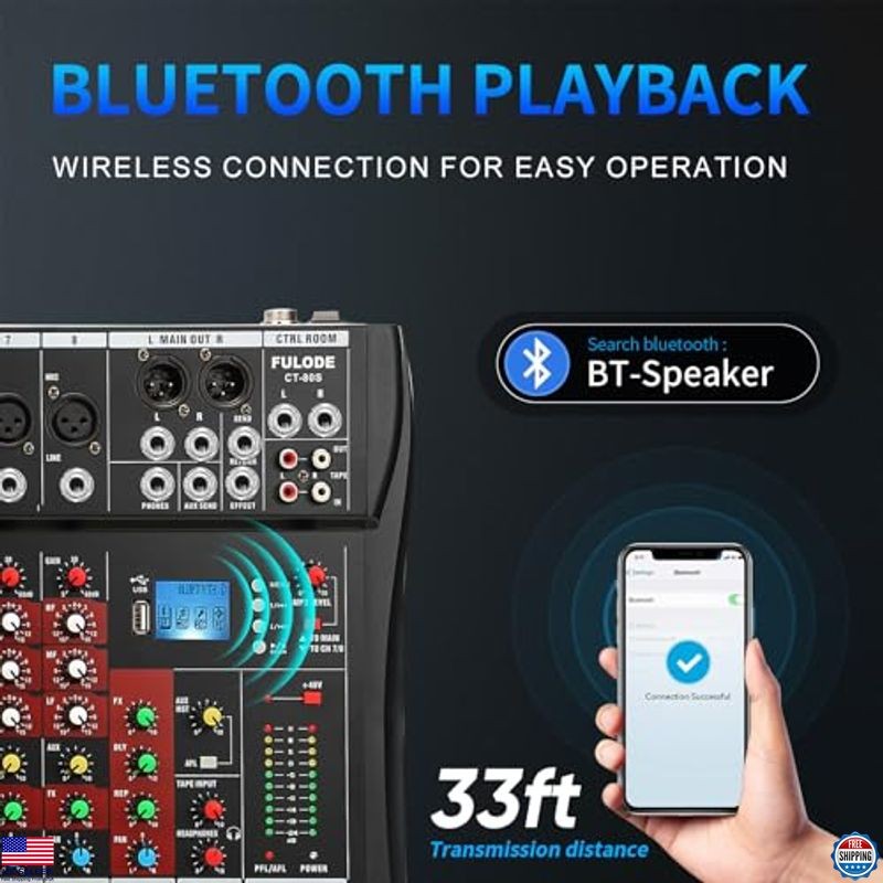 8-Channel Audio Mixer with Reverb, Bluetooth, USB, 48V Phantom Power ...