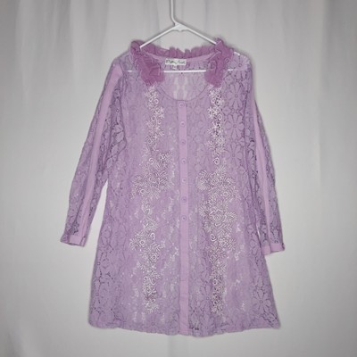Pretty Angel Tunic Top Women XL Sheer Purple Button Lace Ruffle Floral ...