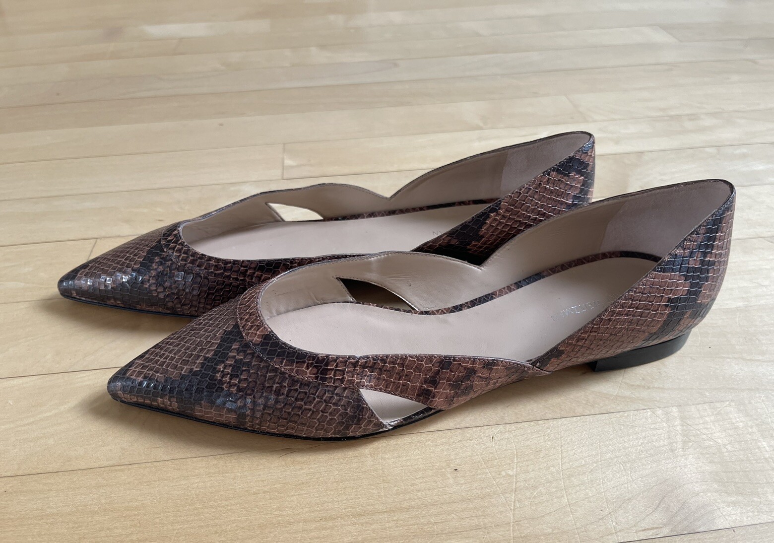 Stuart Weitzman Avenue Snake-Embossed Leather Pointed Toe Flats, Pink ...