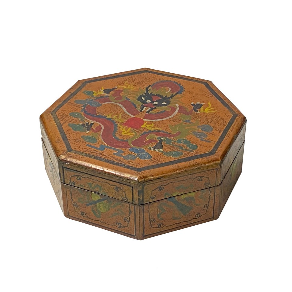 Chinese Distressed Light Brown Octagon Dragon Treasure Graphic Box ...