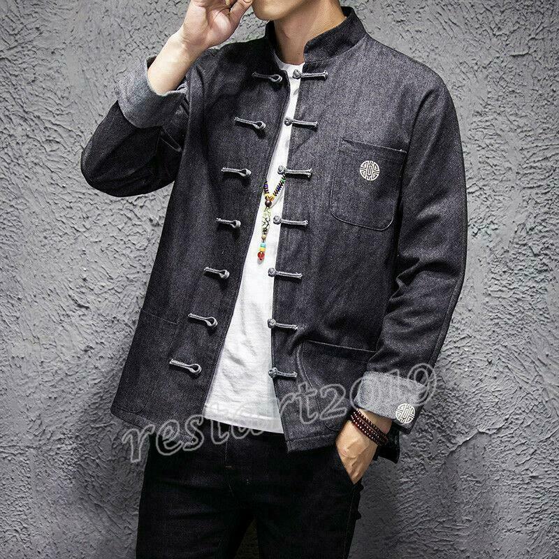 Men Cotton Linen Shirt Chinese Tang Kung Fu Jacket Denim Outwear Coat M ...