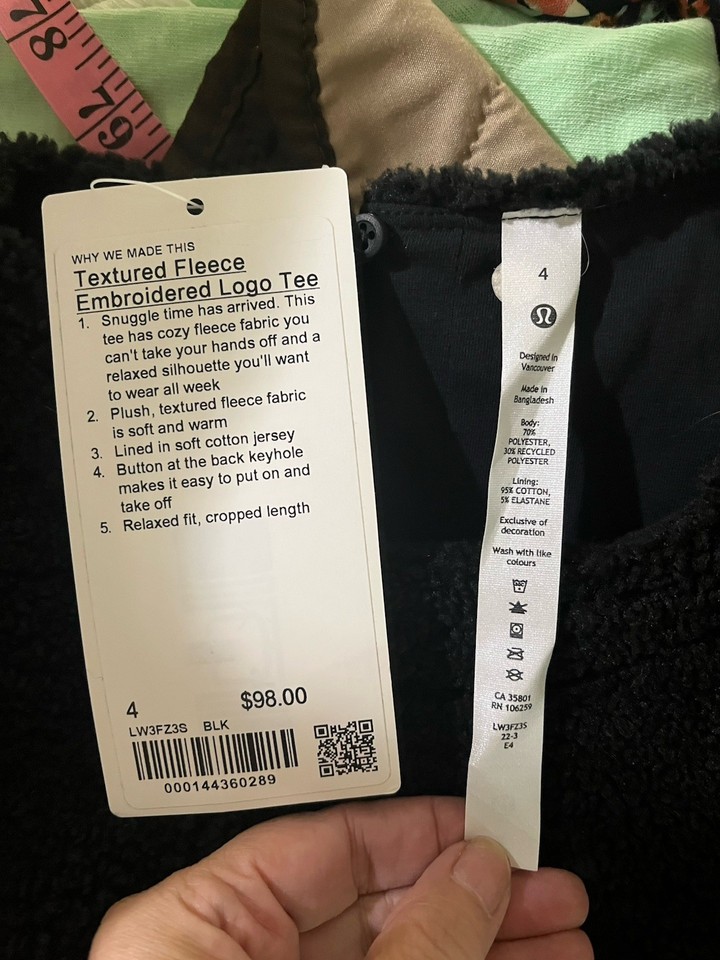 Lululemon Black Textured Fleece Embroidered Logo Cropped Tee/Top Size 4 ...