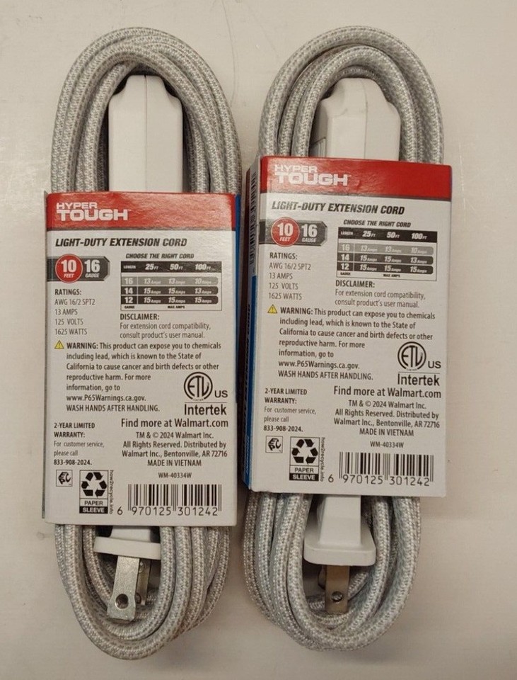 Hyper Tough 10 FT Braided Extension Cord 16 Gauge White, 3 Outlets | eBay