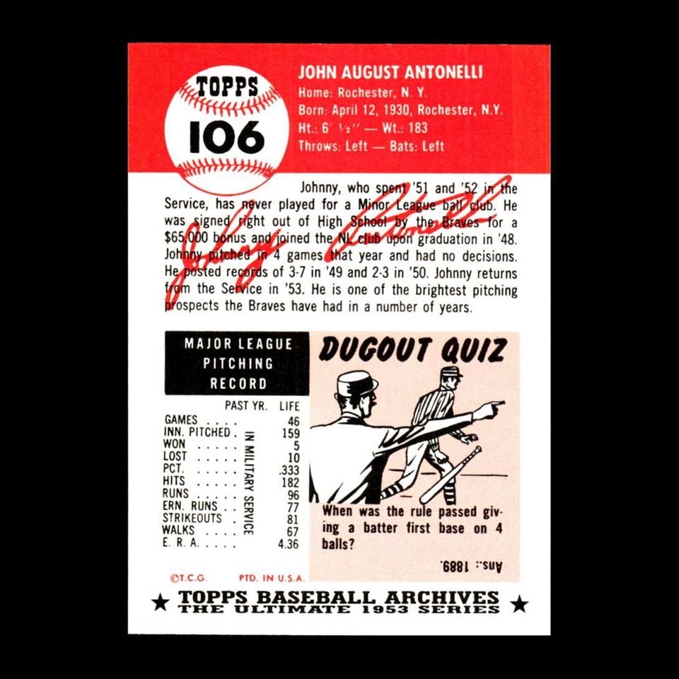 John Antonelli 1991 Topps Archives 1953 Boston Braves #106 NM-MT GM | eBay