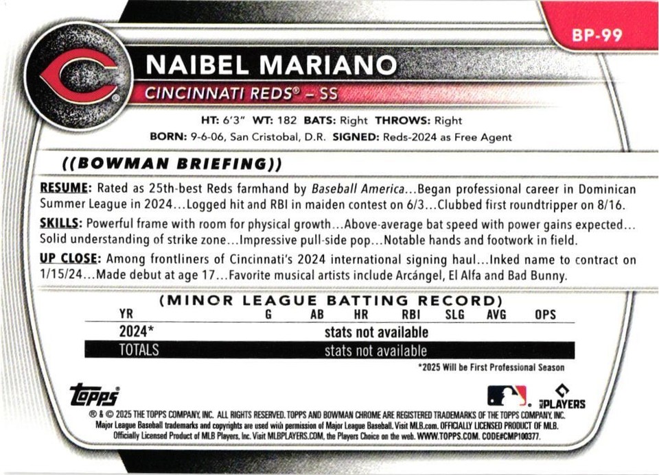 2025 Bowman #BP-99 Naibel Mariano Prospects | eBay