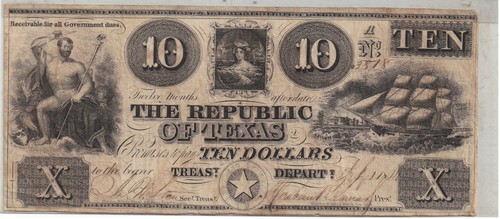 Republic of Texas $10 "Redback" note signed by President Mirabeau B ...