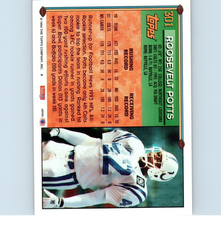 Roosevelt Potts 301 Colts 1994 Topps NFL Football Trading Card | eBay