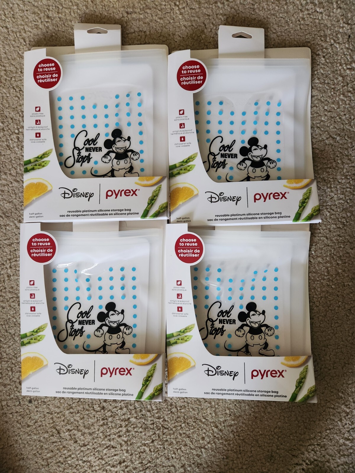Lot of 4 Mickey Mouse Pyrex Silicone Half Gallon Bags Reusable Plastic ...