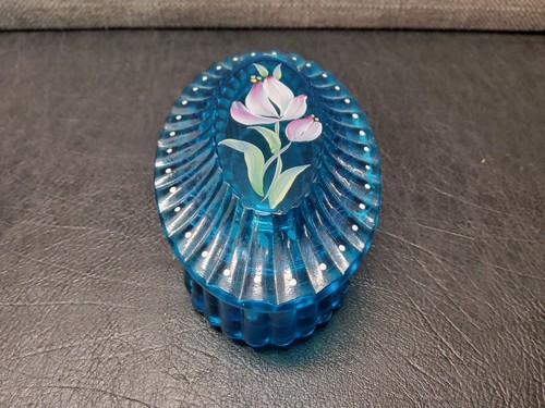 Signed Fenton Blue Hand Painted Floral Ribbed Glass Trinket Stash Box ...