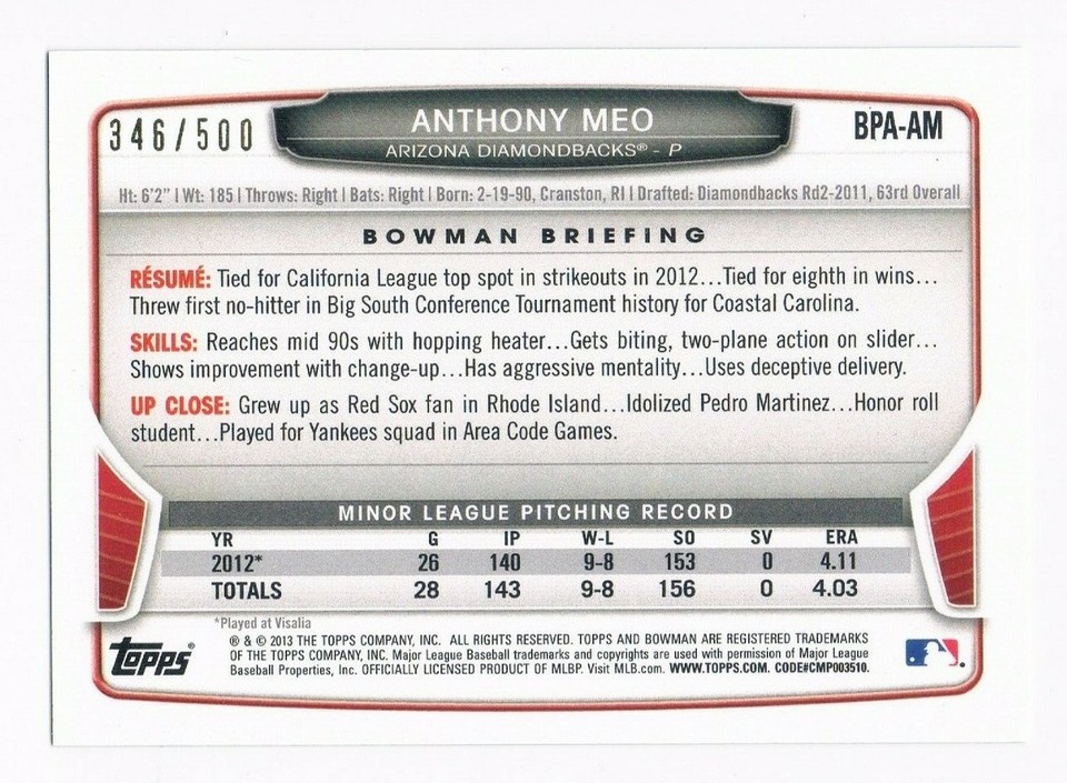 346/500 Anthony Meo Signed Auto Autographed 2013 Bowman Card ...