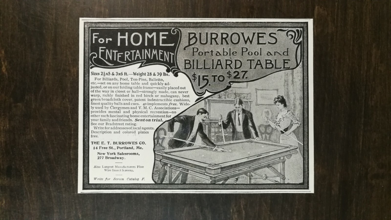 Vintage 1901 Burrowes Portable Pool and Billiard Table Original Ad 721 ...