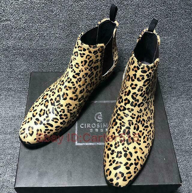 Men's Leather Leopard Print Pull On Nightclub Chelsea Ankle Boot Casual ...