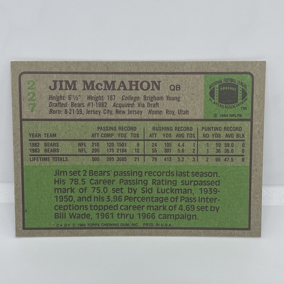 1984 Topps Jim McMahon Football Card #227 Chicago Bears | eBay