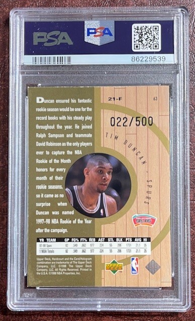 1998 upper deck hardcourt Tim Duncan Home Court Advantage Plus #63 /500 ...
