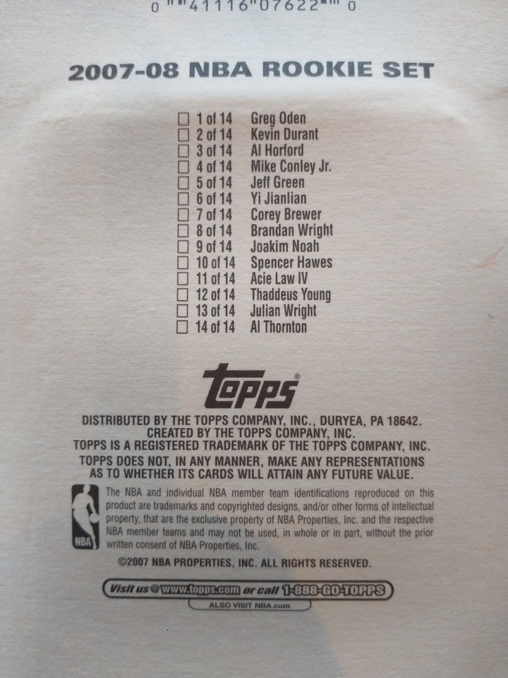 NEW UNOPENED- 2007-08 Topps Basketball Rookie Set Kevin Durant NBA ...