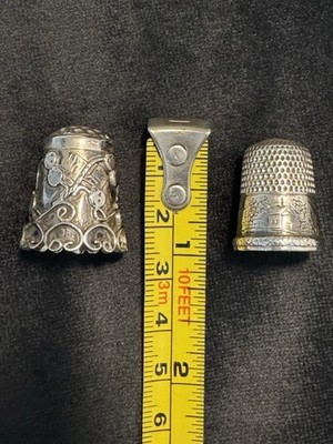 2 Vintage Maker Marked Sterling Silver Sewing Thimbles Scenic View ...
