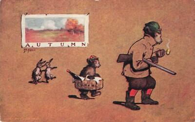 Vintage Postcard Artist Signed St John Bears Hunting Rabbits follow ...