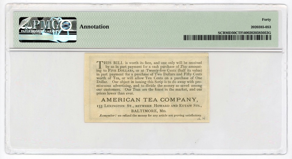 1870's 50c The American Tea Co's Store - MARYLAND Advertising Note PMG ...