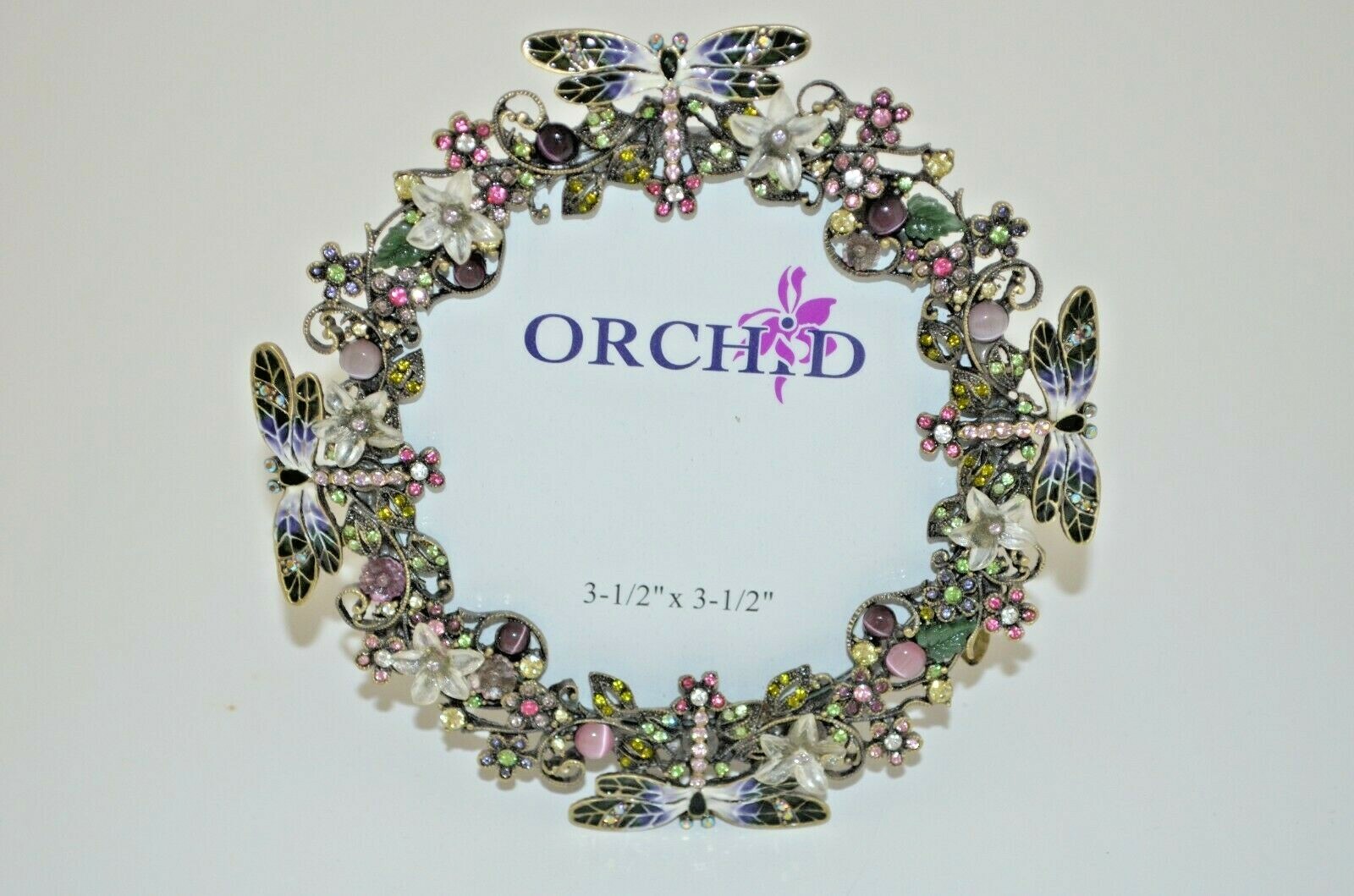 Enameled Round Metal Picture Frame-Dragonfly, Floral, Foliage & Crystal ...