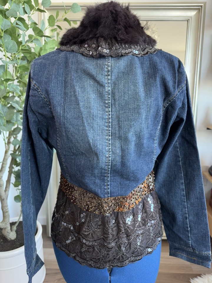 vintage 90s Y2K denim jean beaded embellished fur jacket Women’s | eBay