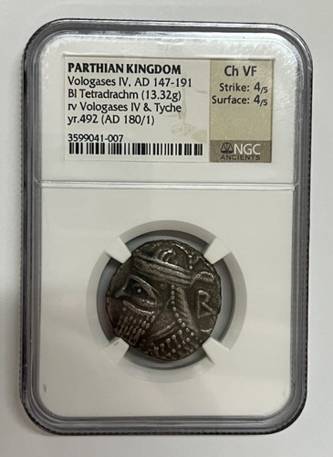 Parthian Kingdom Vologases IV AD 147-191 BI Tetradrachm NGC Ch VF 4/5 4 ...