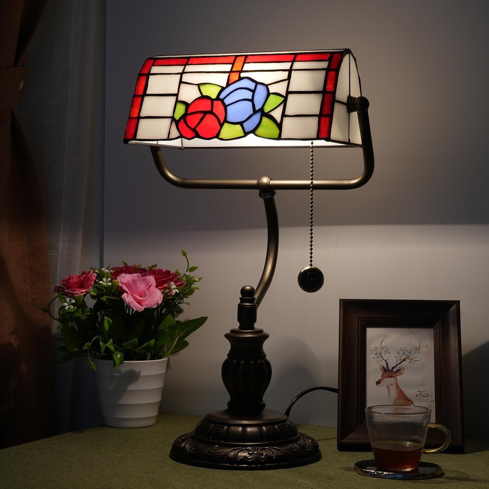 red rose tiffany bankers desk lamp stained Glass table lamp Vintage ...