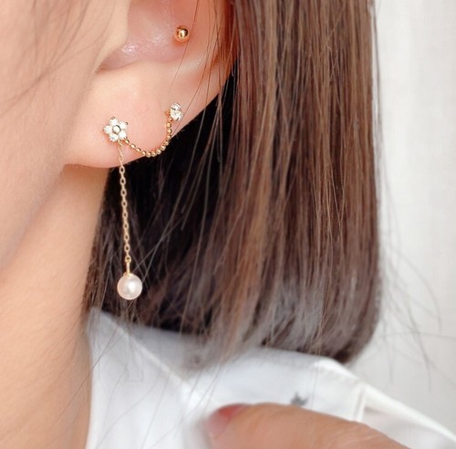 10K Gold CZ Flowers Studs Women Double Pierced Ears Chain Dangle Pearl Earrings | eBay