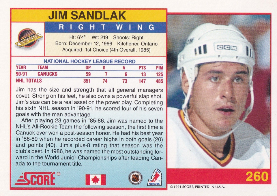1991 Score #260 Jim Sandlak NHL Calgary Flames + Free Mystery Card | eBay