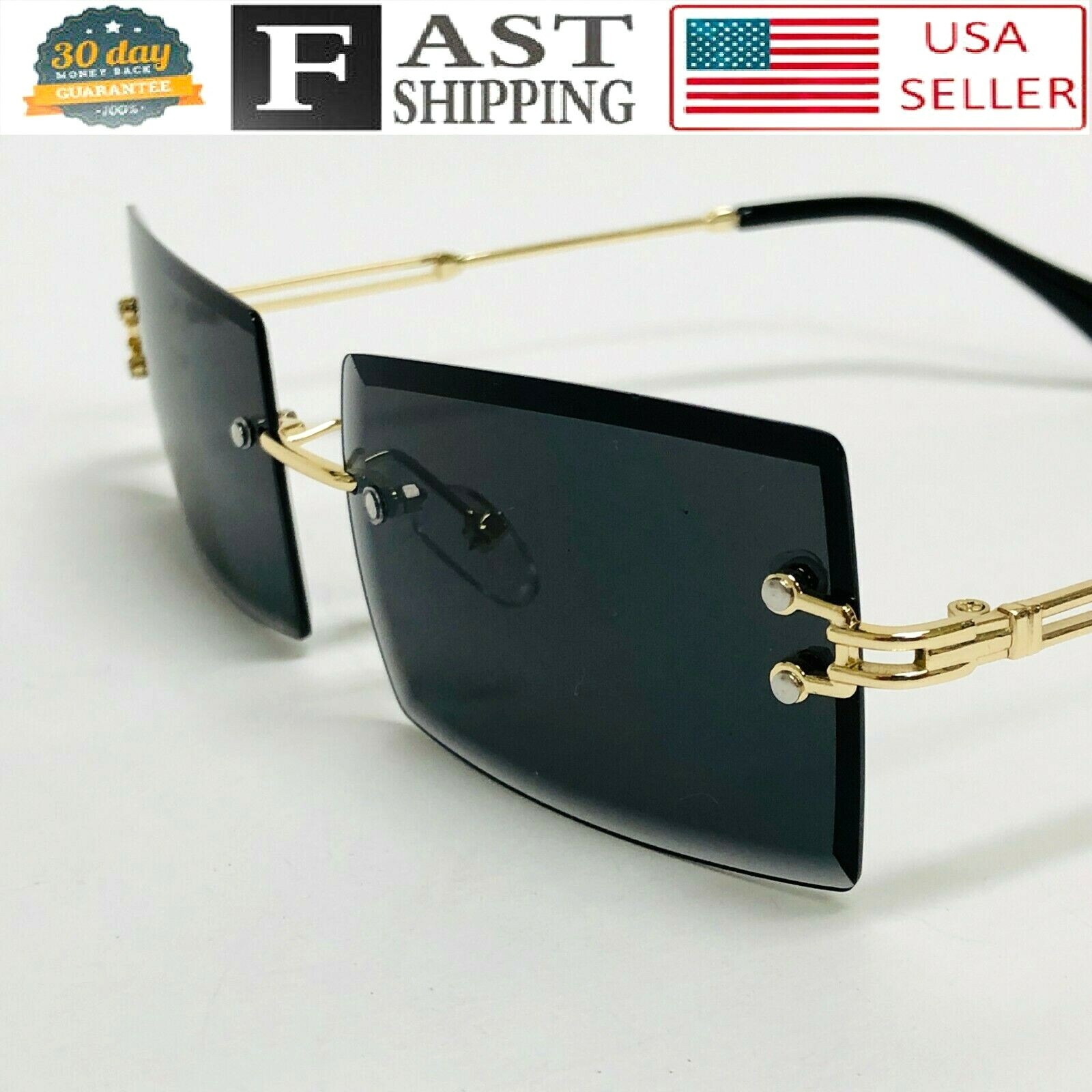 Men's Rimless Vintage Retro Rectangle Gold CLEAR Lens Fashion Hip Hop ...