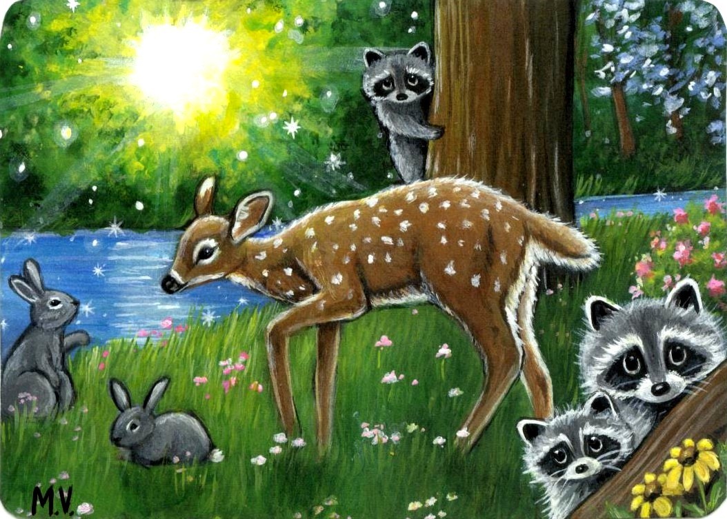 Original Raccoon Fawn Doe Rabbits Forest Creek Meeting Friends Summer ...