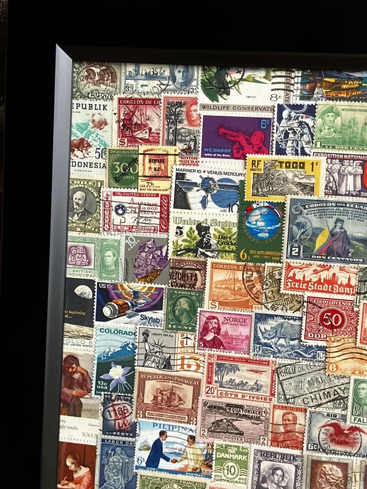 Postage Stamp Collage Art Worldwide Stamps 1860s-1960s Stamps Framed ...