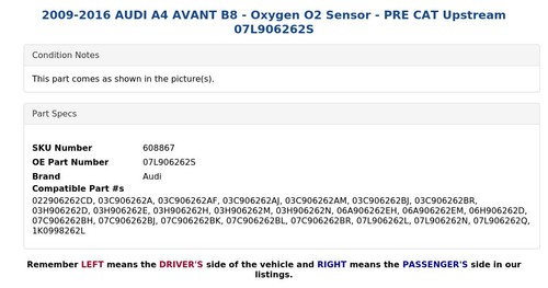 2009-2016 AUDI A4 AVANT B8 - Oxygen O2 Sensor - PRE CAT Upstream ...