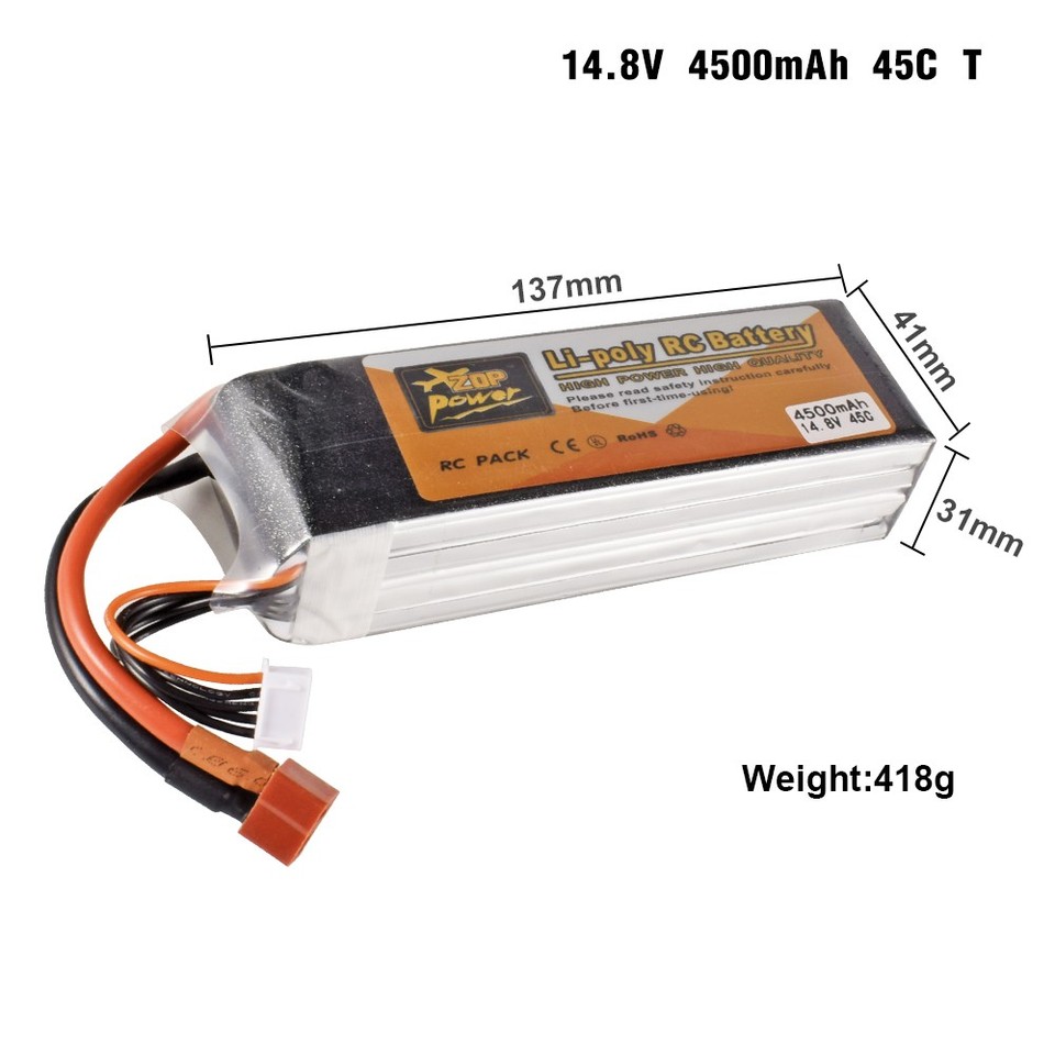 Zop Power 4S 14.8V 4500mAh 45C T Plug RC Lipo Battery for RC Car Boat ...