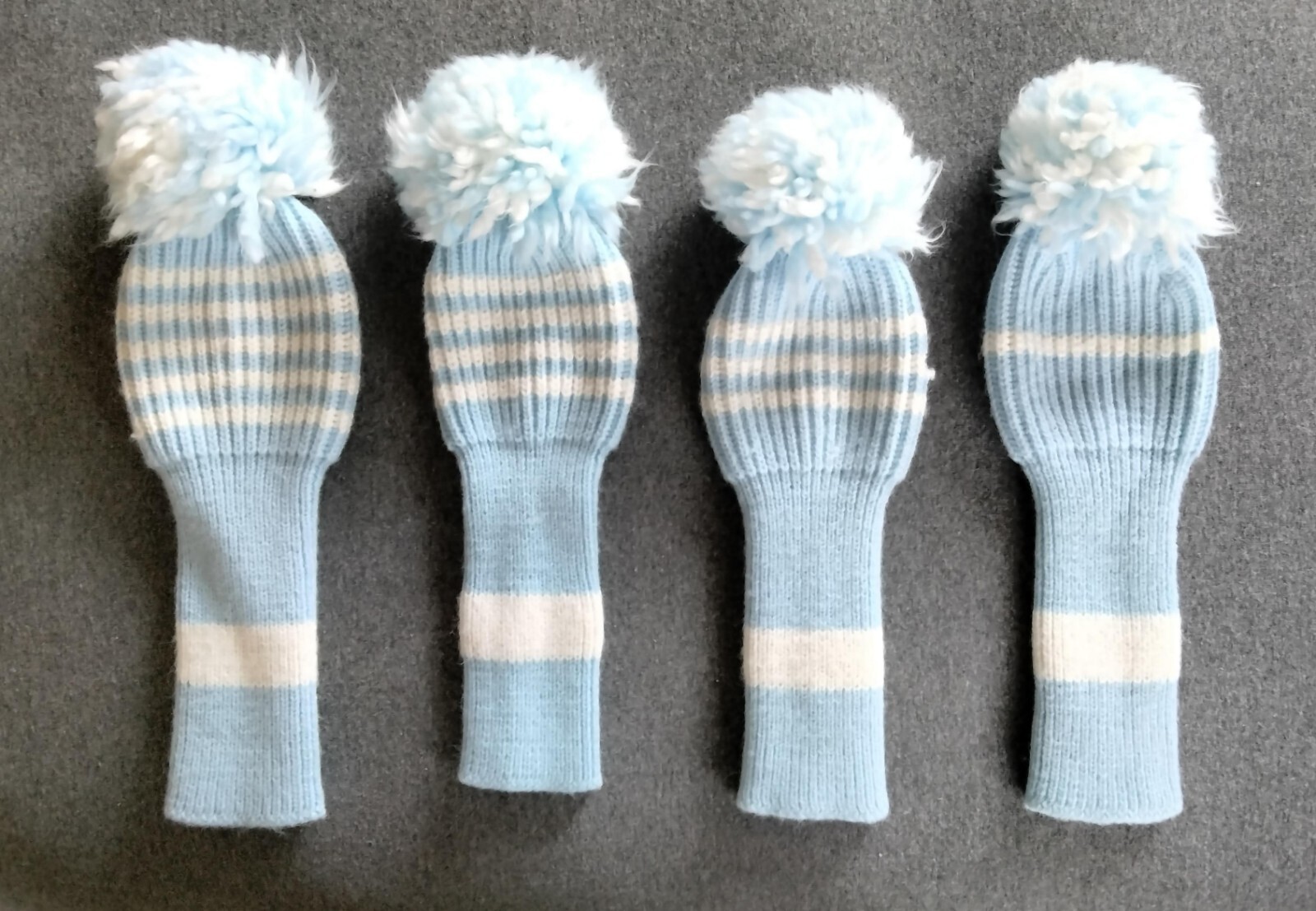 Vintage knit pom pom baby blue golf head covers with stripes (set of 4 ...